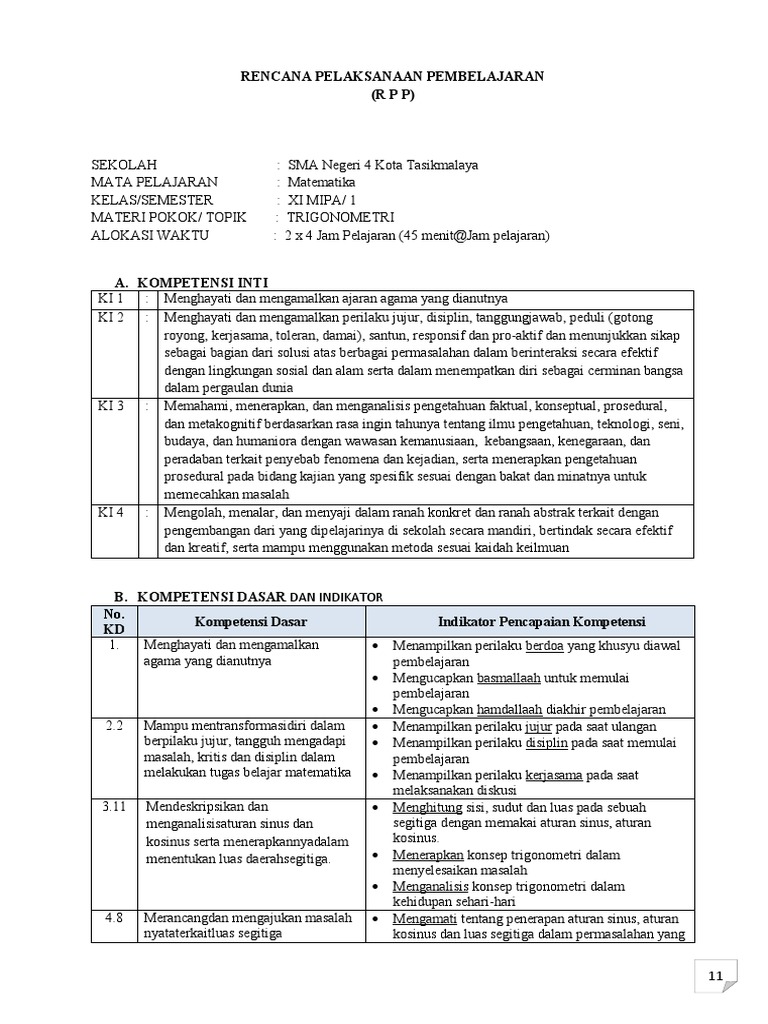 RPP Trigonometri Kelas XI MIPA SMA | PDF | Seni | Sains & Matematika