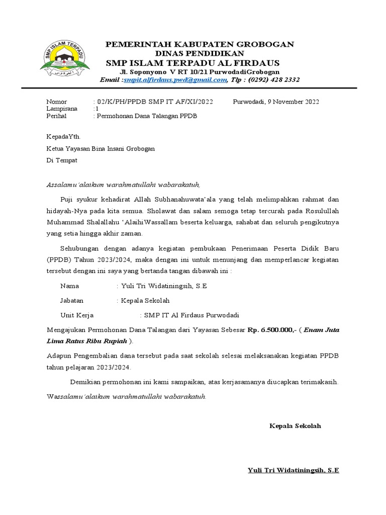 Surat Permohonan TALANGAN Dana | PDF