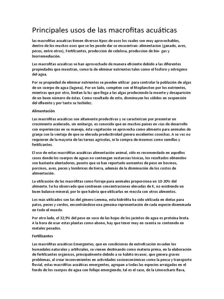 Principales Usos de Las Macrofitas Acuáticas | PDF | Fertilizante | Biogás