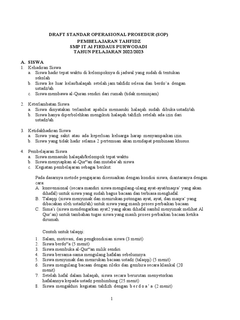 Draft Sop Tahfidz SMP Alfi | PDF