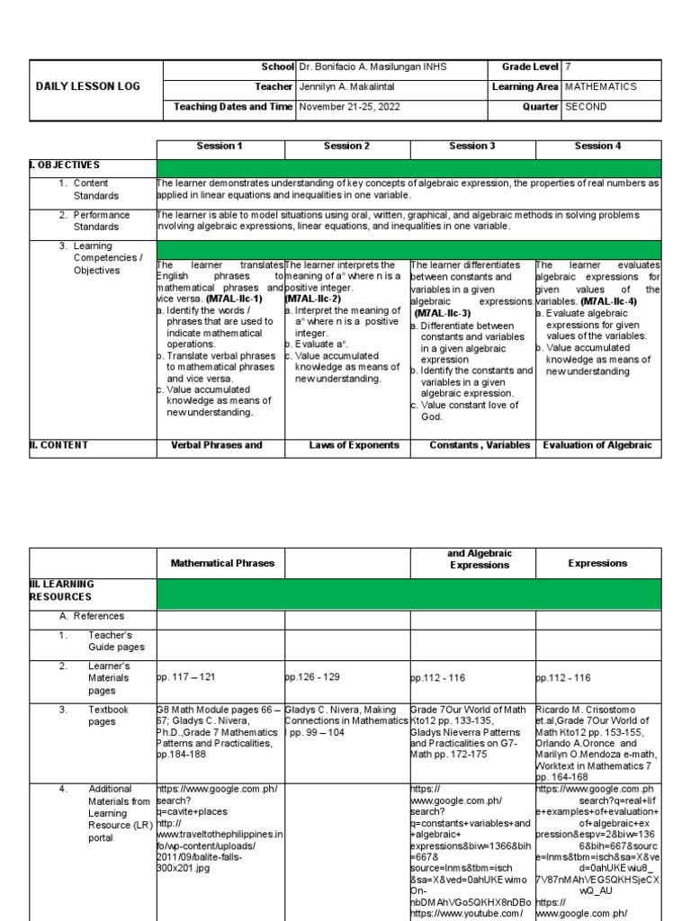 WEEK 3 - Q2 - Math 7 | PDF | Variable (Mathematics) | Multiplication