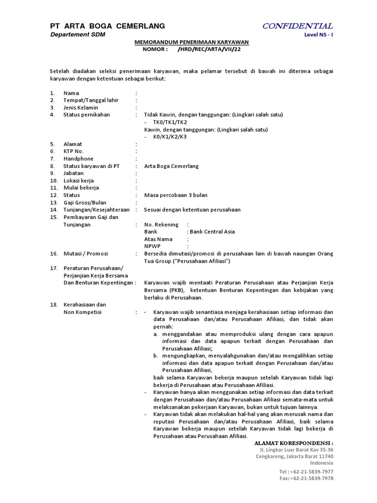 Lampiran MOU-Penerimaan Karyawan Baru - Level NS - I Wilayah | PDF