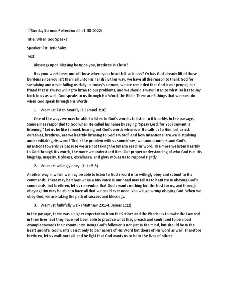 Sunday Sermon Reflection 1-30-2022 | PDF | God | Sermon