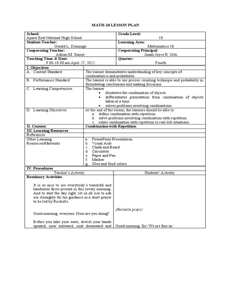 Combination With Repetition Lesson Plan | PDF | Career & Growth