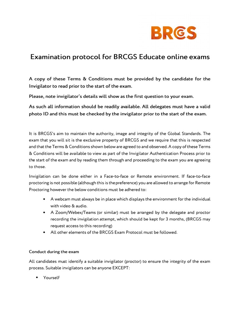 Examination Protocol For BRCGS Educate Online Exams 854155 | PDF
