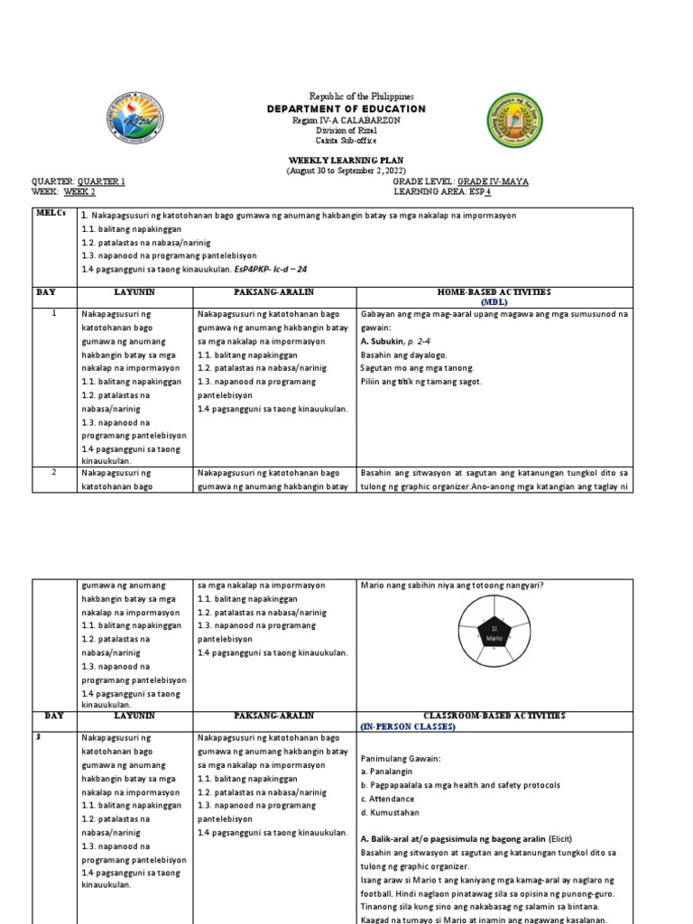 Sarah - Weekly Learning Plan Esp Q1 Week 1 | PDF