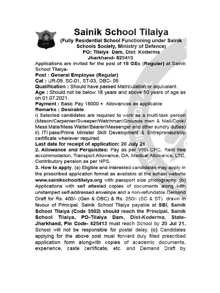 Notification Sainik School Tilaiya General Employee Posts | PDF