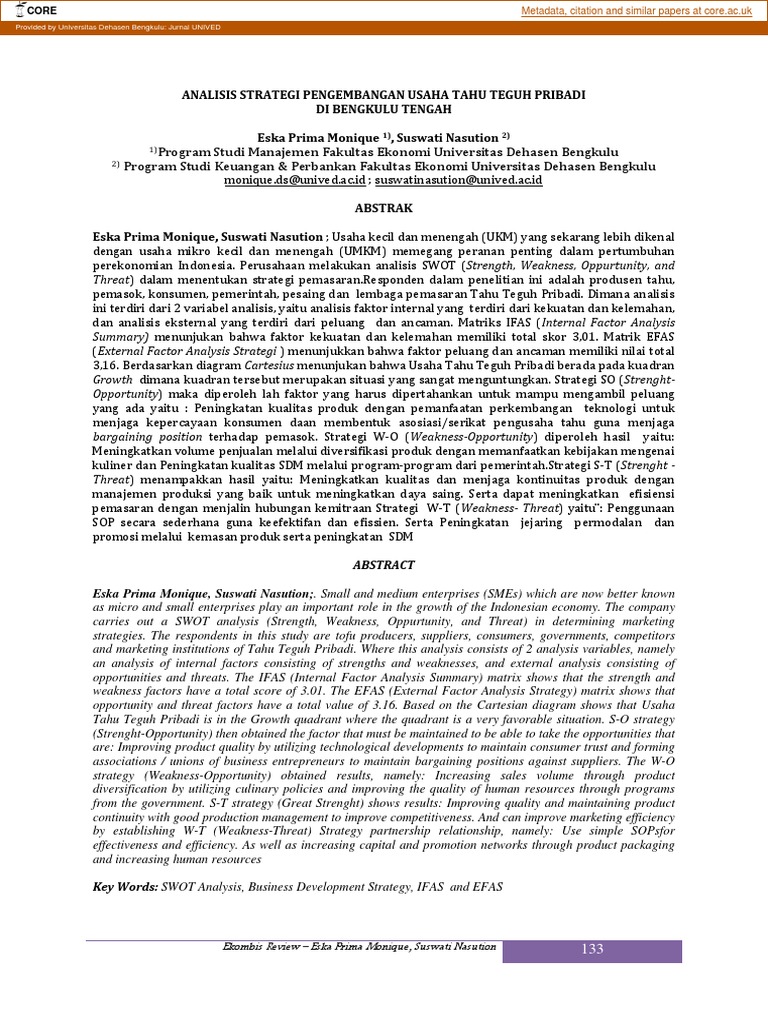 Analisis Strategi Pengembangan Usaha Tahu Teguh Pribadi Di Bengkulu Tengah Eska Prima Monique ...
