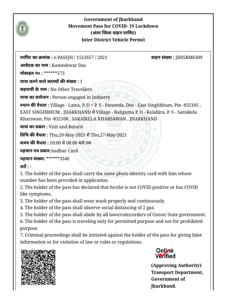 Jharkhand COVID-19 Movement Pass | PDF