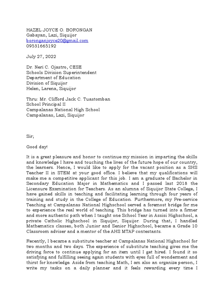 Application Letter SHS Teacher 2 | PDF | Teachers | Behavior Modification