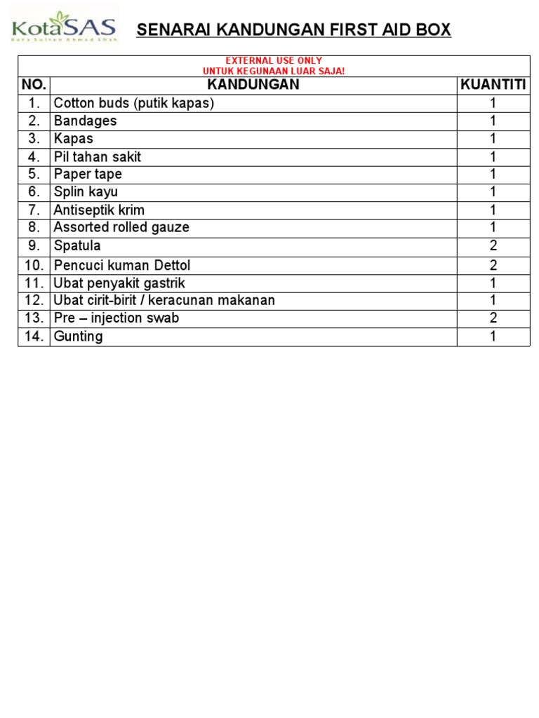 Senarai Kandungan First Aid Box | PDF