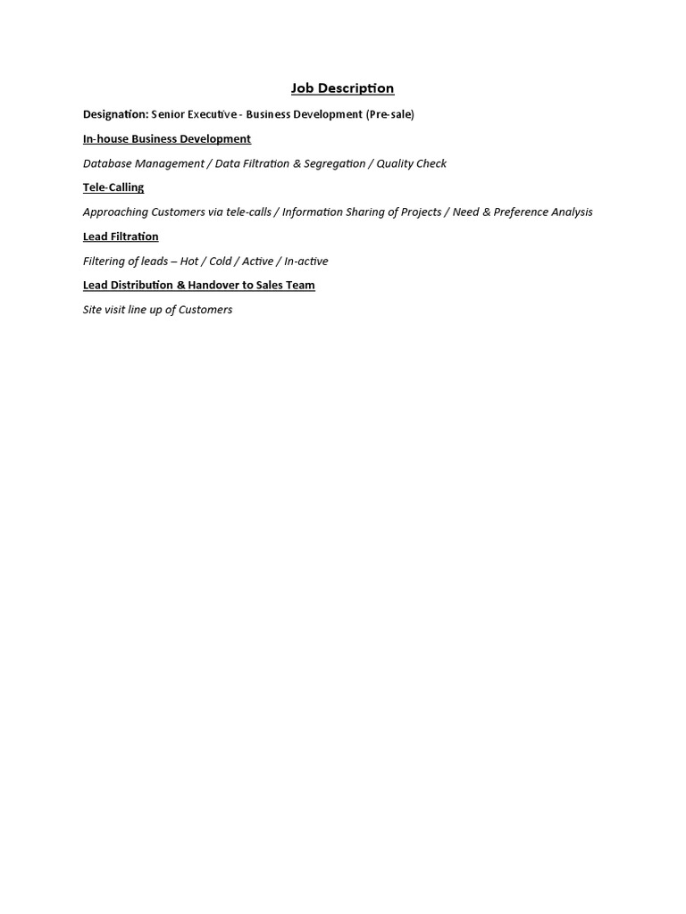 Job Description: Designation: Senior Executive - Business Development ...