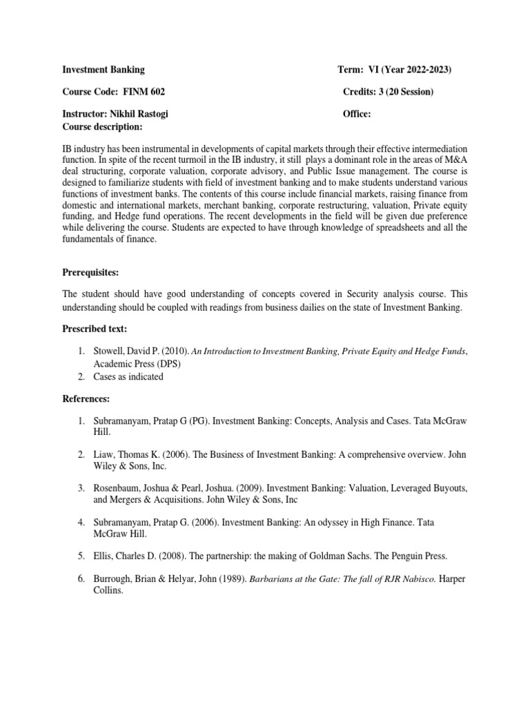 Course Handout | PDF | Mergers And Acquisitions | Investment Banking
