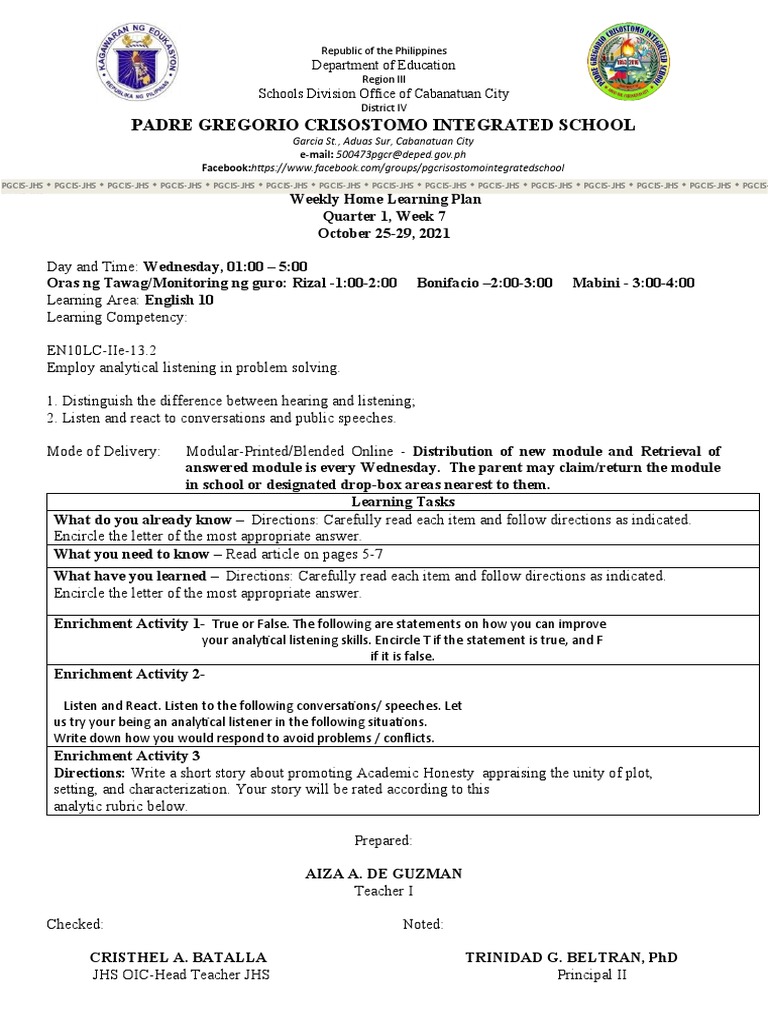 WHLP Q1 WEEK 7 For Grade 10 English | PDF | Communication | Behavior Modification