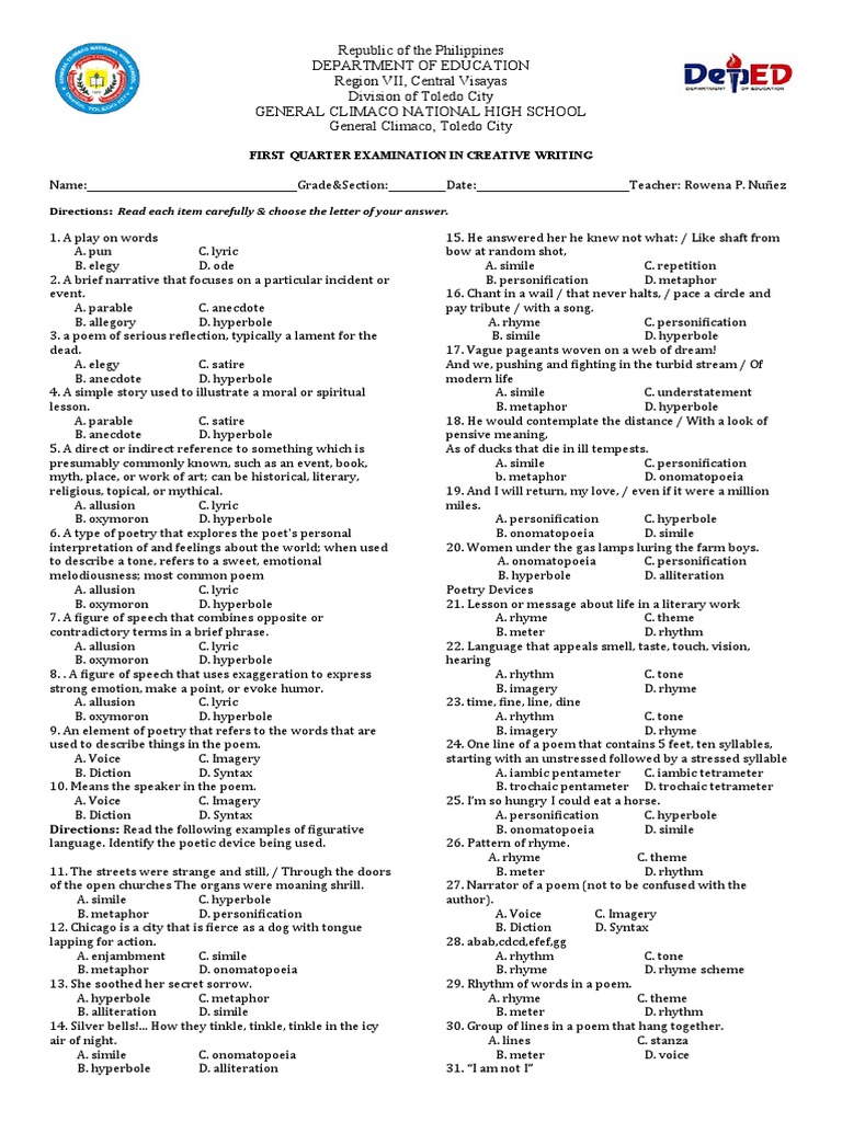 CW 1ST Periodical Test | PDF | Poetry | Phonaesthetics