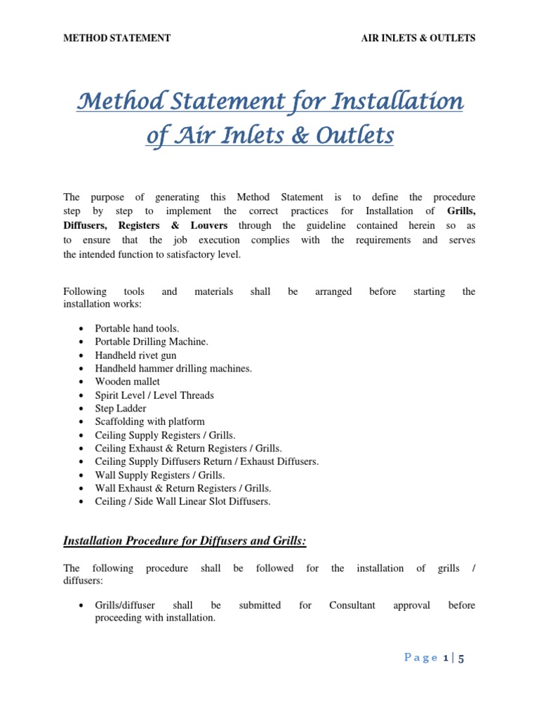 Method Statement - Air Inlets & Outlets | PDF | Duct (Flow) | Building Technology