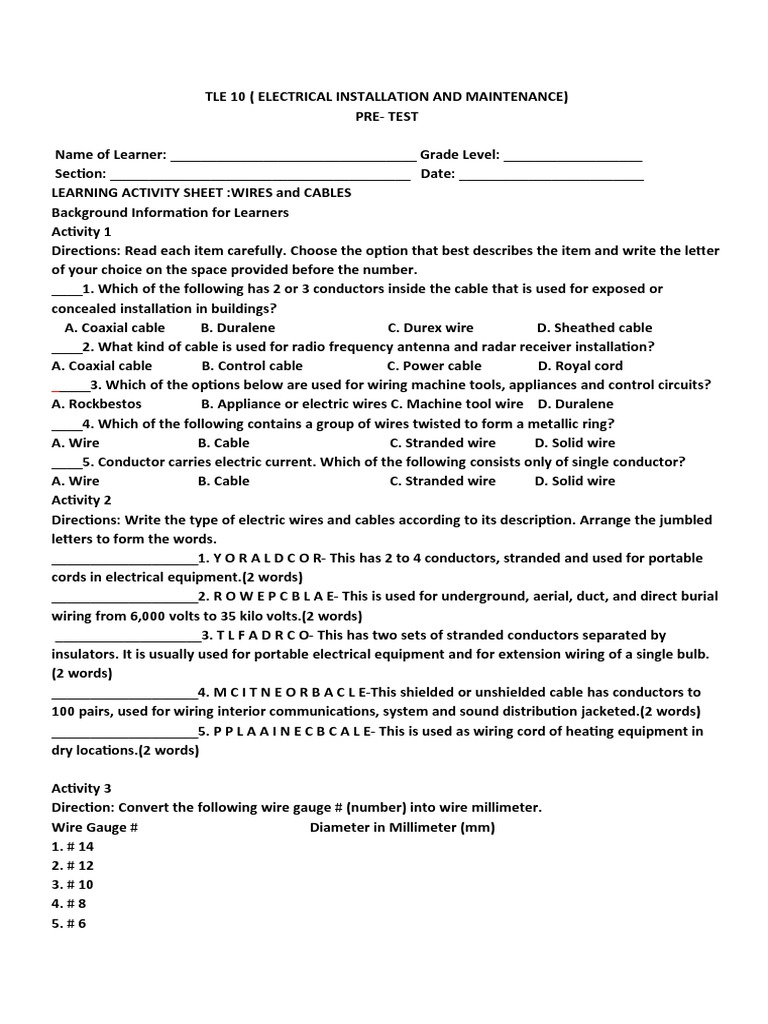 Electricity Pre-Test | PDF | Electrical Wiring | Wire
