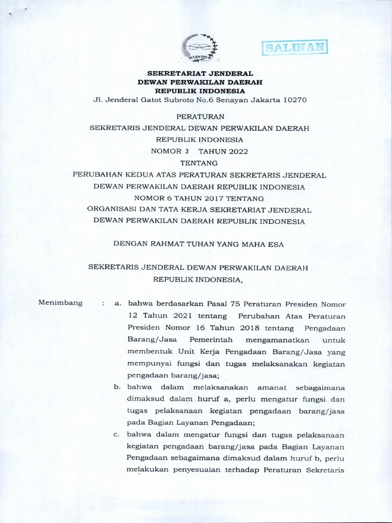 PERSEKJEN DPD RI No. 3 Tahun 2022 - Perubahan Kedua Persekjen DPD RI No ...