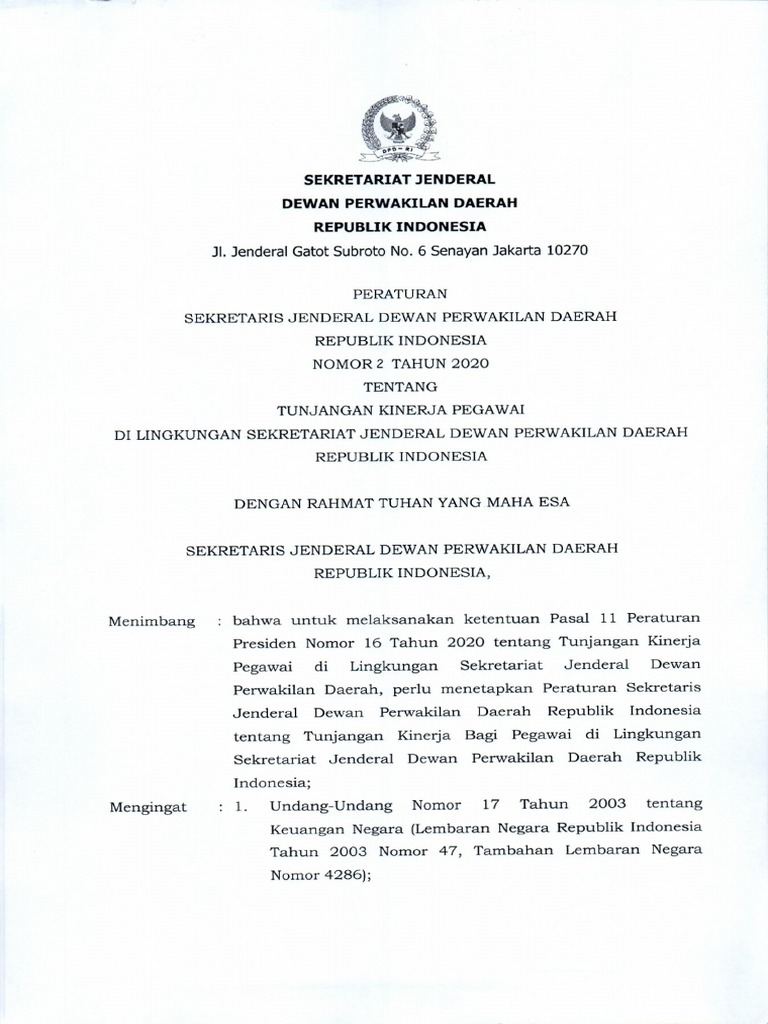 PERSEKJEN DPD RI No. 8 Tahun 2018 - Perubahan Atas Persekjen DPD RI No. 2 Tahun 2020 TTG Tukin ...
