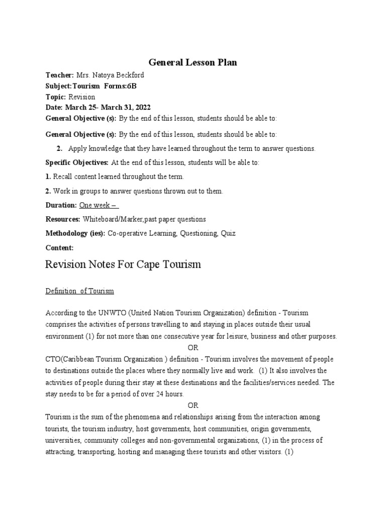 Revision Notes 1 Tourism | PDF | Tourism | Marketing