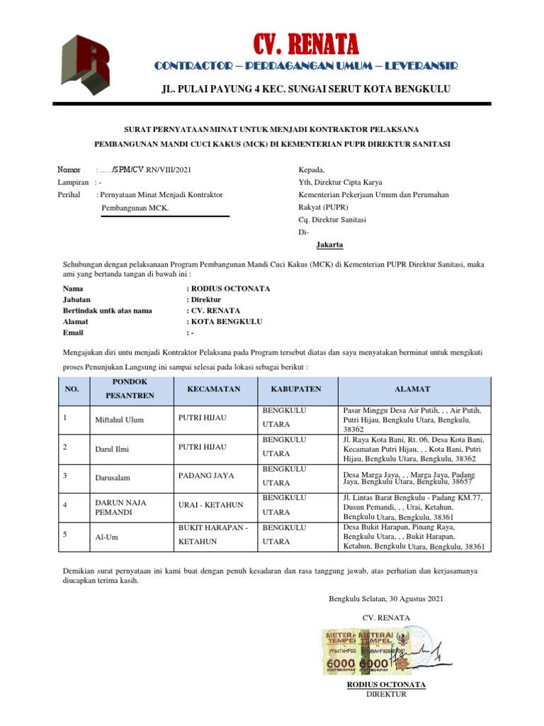Surat Minat Dan Berkas Cv. Renata | PDF