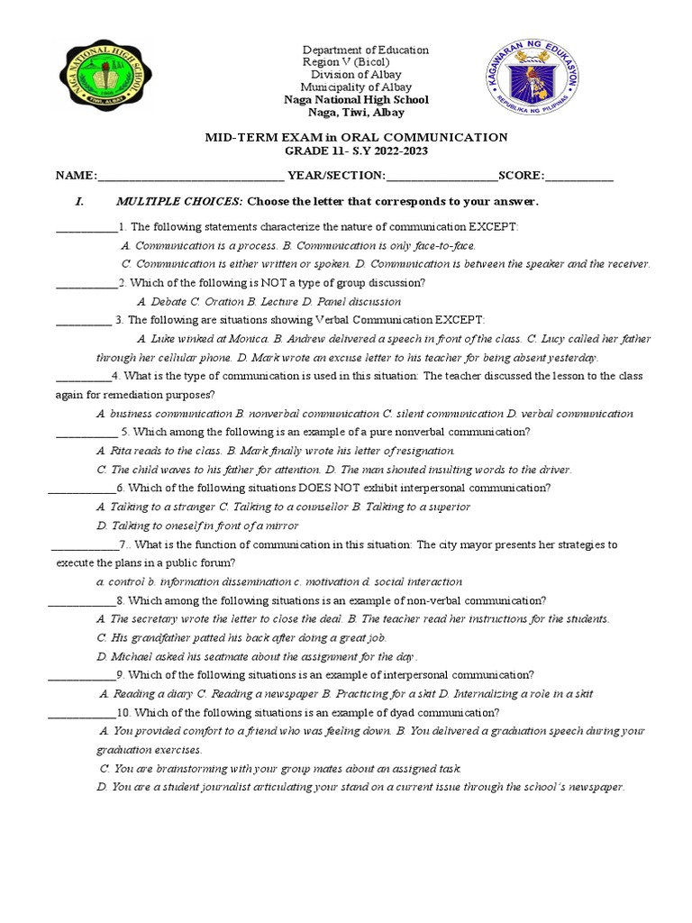Grade 11 Oral Communication Mid-Term Exam | PDF