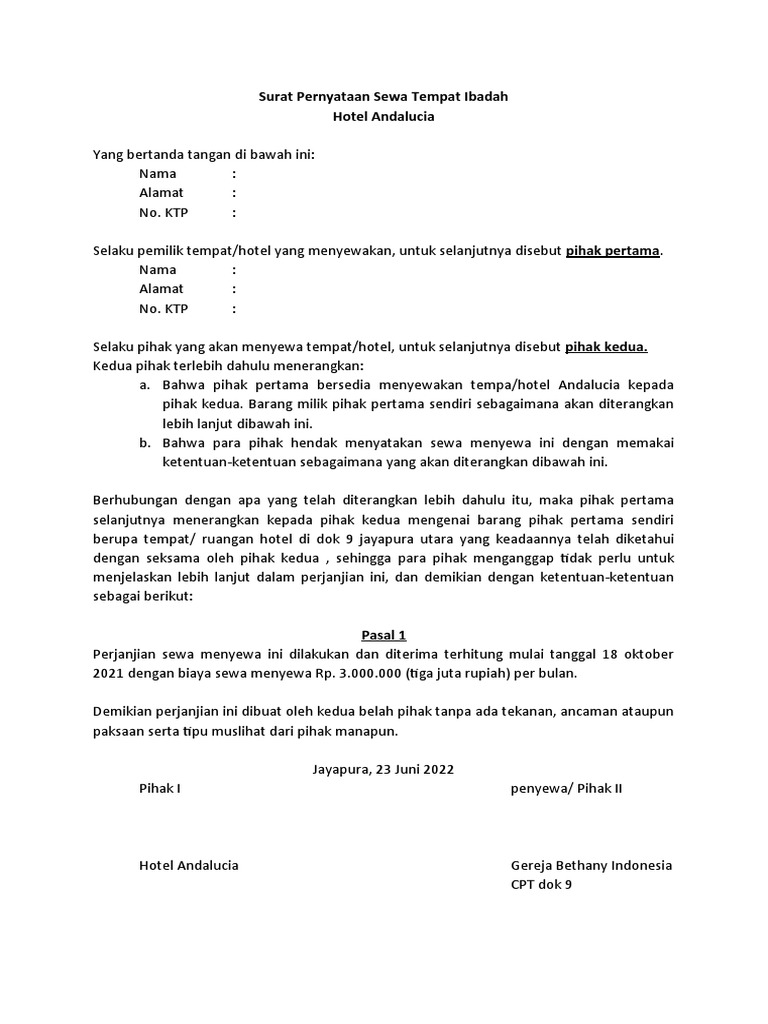 Surat Pernyataan Sewa Tempat Ibadah | PDF