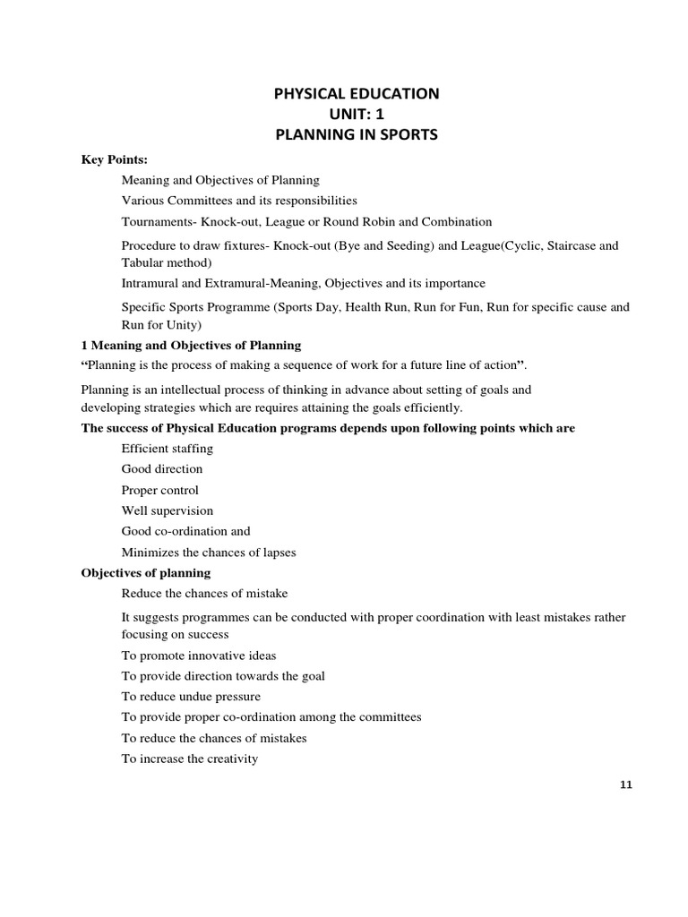 Physical Education Unit: 1 Planning in Sports: Tabular Method) | PDF ...