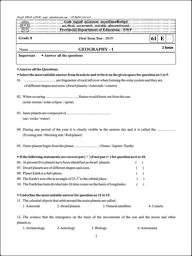 Grade 08 Geography 1st Term Test Paper 2019 English Medium - North ...