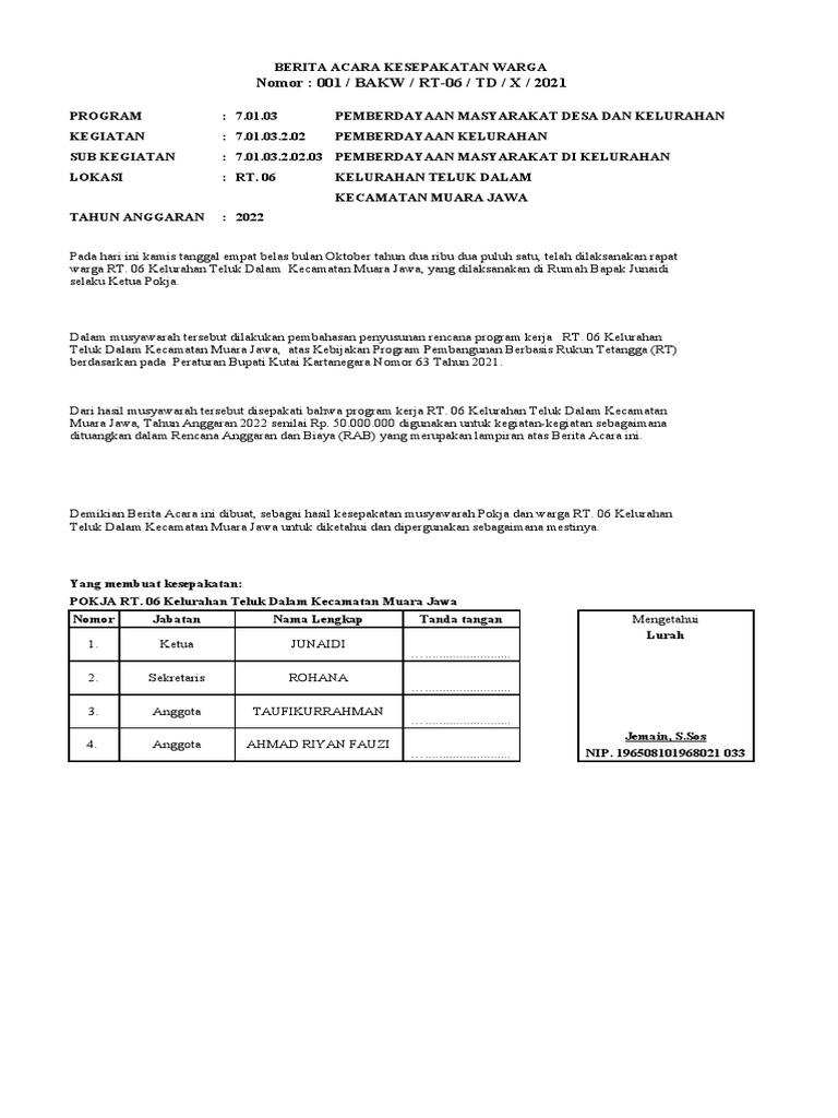 Editing RT.06 Format Rab, Ba, Kelengkapan SPJ, Tarif Pajak Pokja RT.06 | PDF