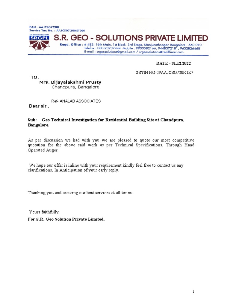 Quotation For Geo Technical Investigation For Building Site at ...