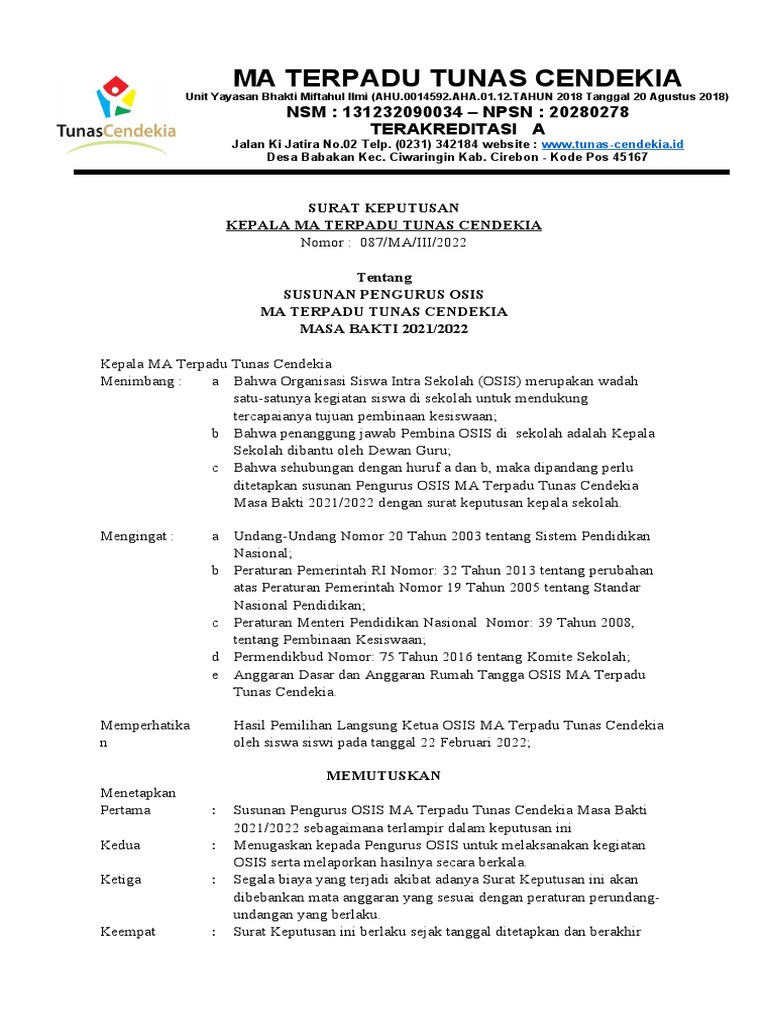 SURAT KEPUTUSAN Pengurus Osis | PDF