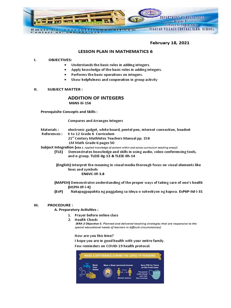 Edited LESSON PLAN IN MATHEMATICS 6 Adding Integers | PDF | Teaching ...