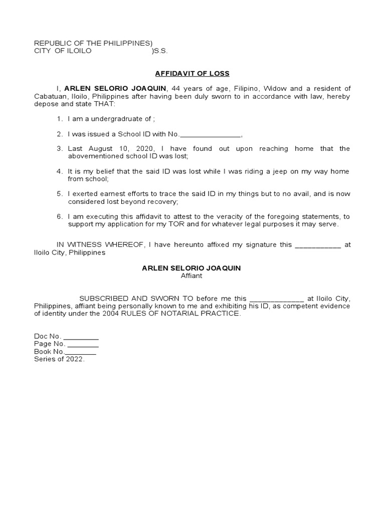 Affidavit of Loss School Id Sample | PDF
