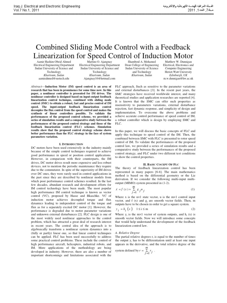 Combined Sliding Mode Control With A Feedback Linearization For Speed