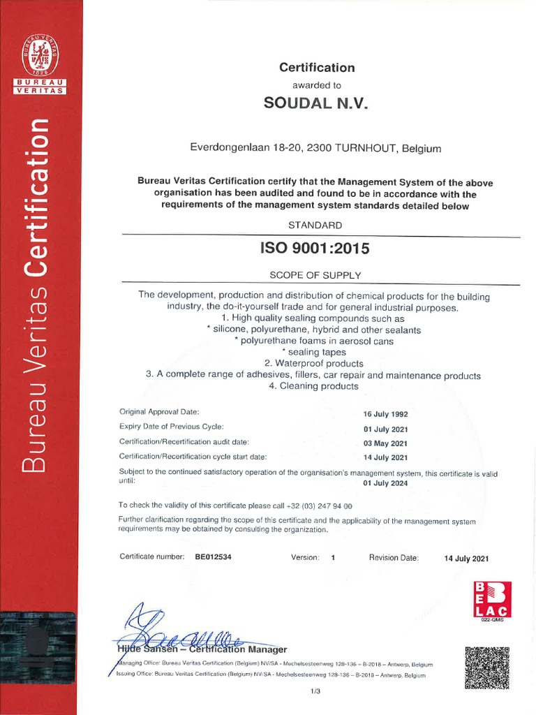 Iso 9001 Soudal NV 2021-2024 en | PDF