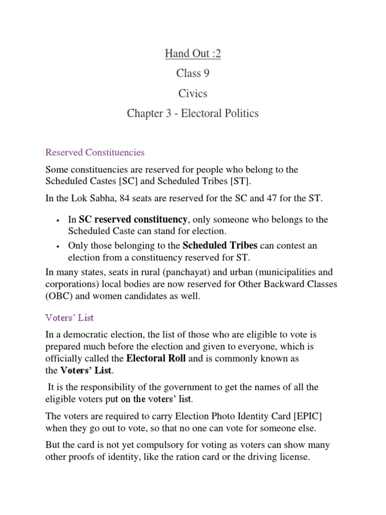 Electoral Politics Module-2, Hand Out 2, Class 9, Civics, Lesson-3, Electoral Politics | PDF ...