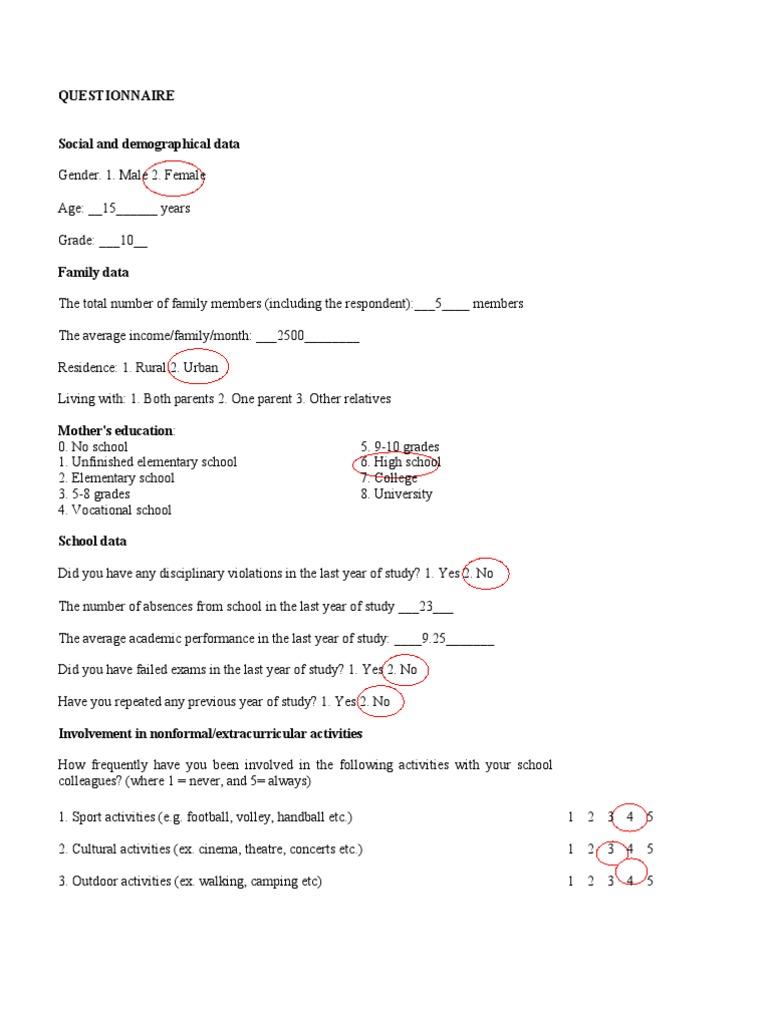 Questionnaire Assessing Demographic Information, Activities, Self ...
