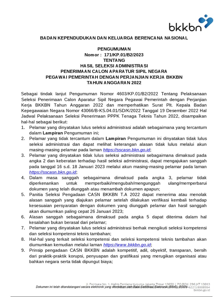 1 Pengumuman Hasil Seleksi Administrasi CASN P3K BKKBN T A 2022 | PDF