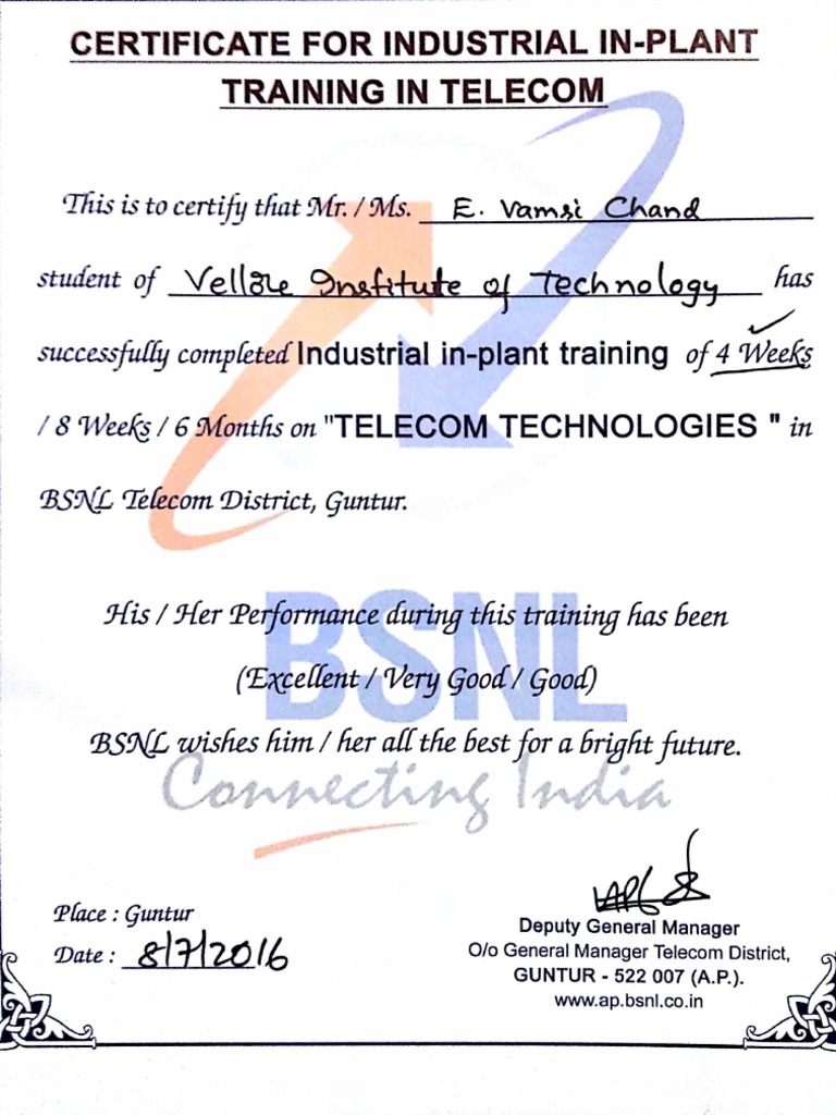 13bec0521-Bsnl Internship Certificate 2 | PDF