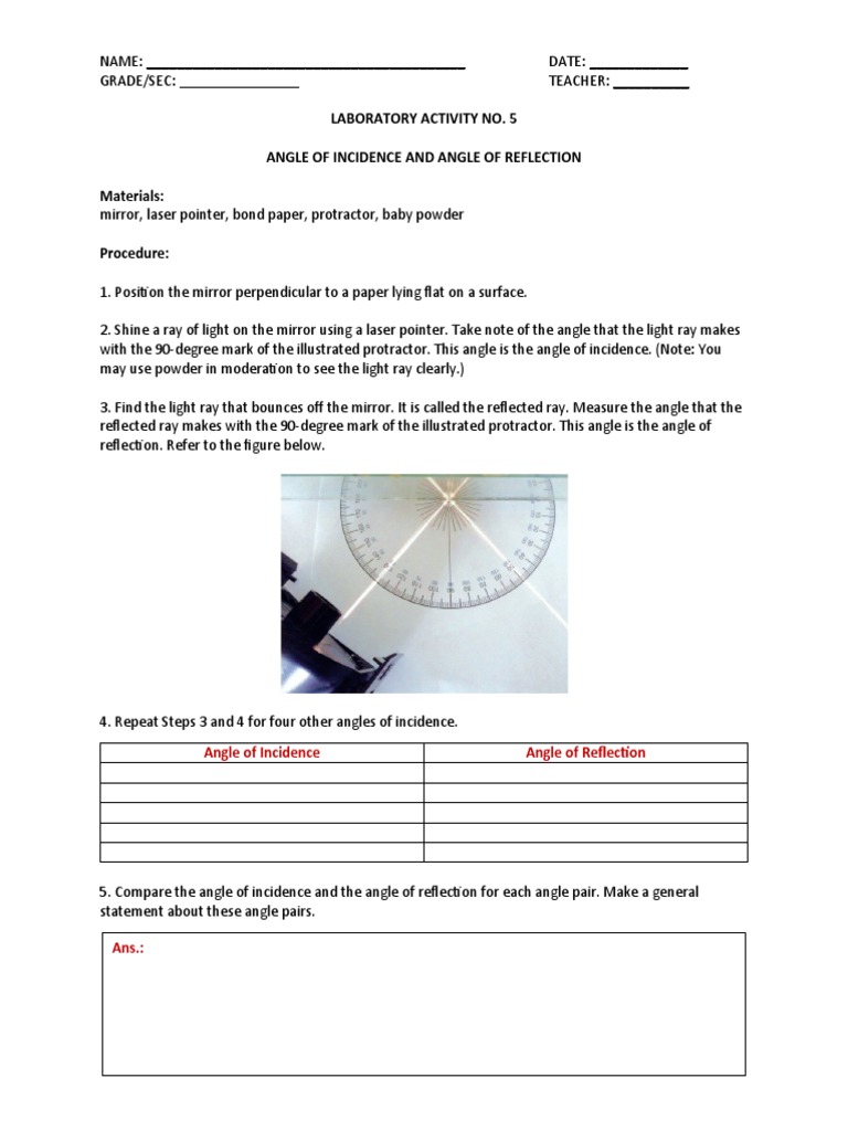 Laboratory Activity No. 5 Angle of Incidence and Angle of Reflection | PDF