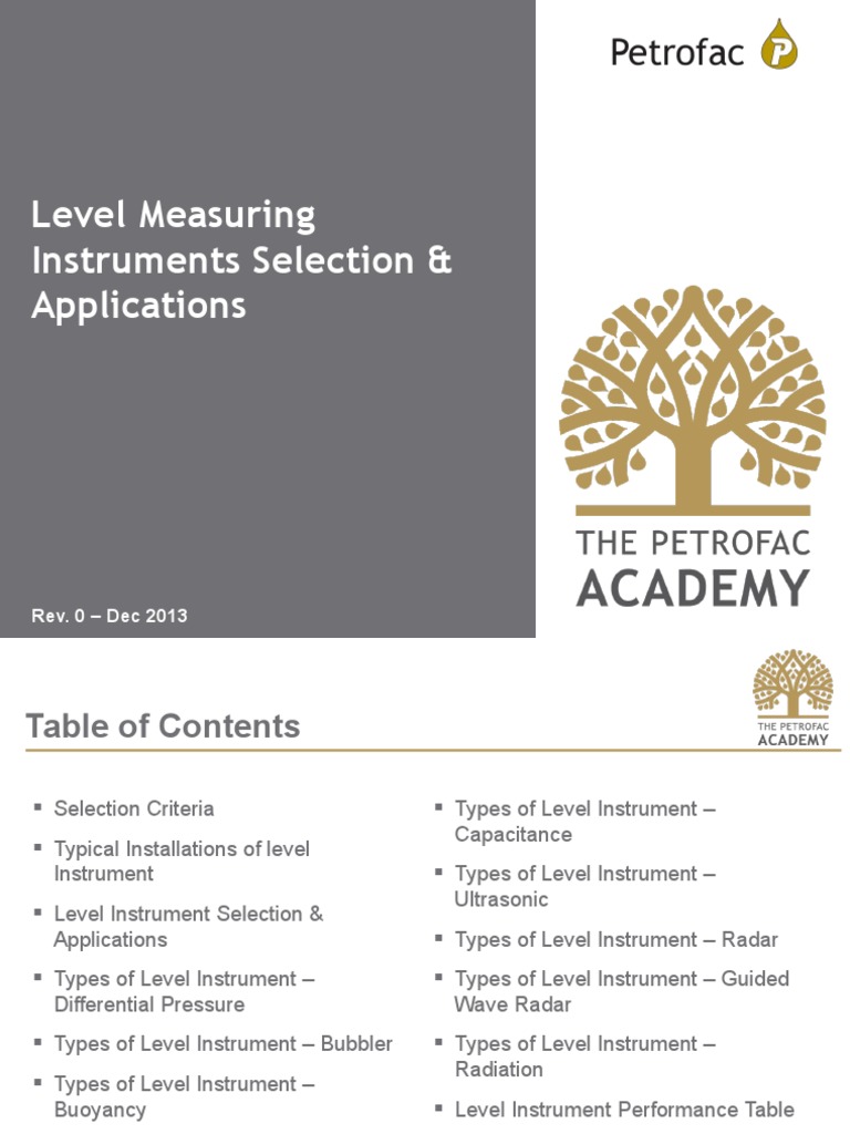 Level Measuring Instruments Guide | PDF | Radar | Chemistry