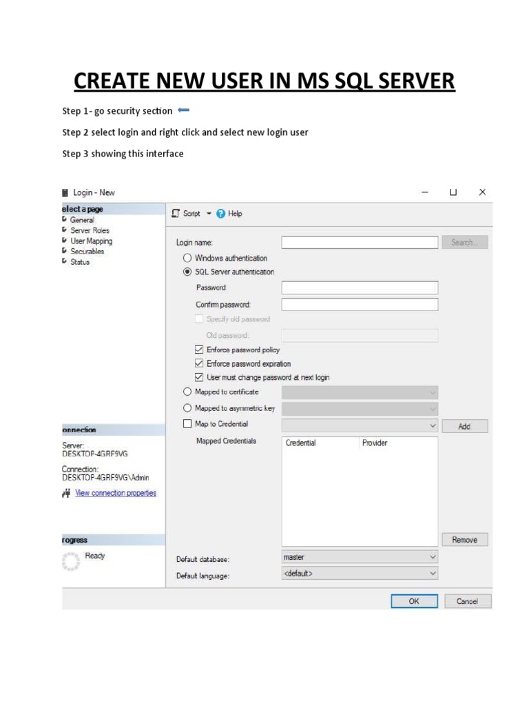 Create New User in MS SQL Server | PDF | Microsoft Sql Server | Databases
