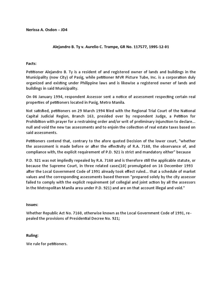 Alejandro B. Ty v. Aurelio C. Trampe, GR No. 117577 | PDF | Injunction ...