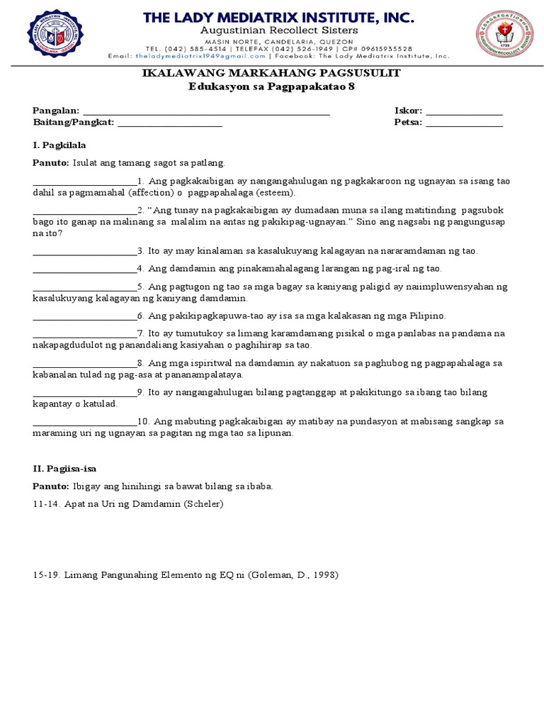 Second Quarterly Examination in ESP 8 | PDF