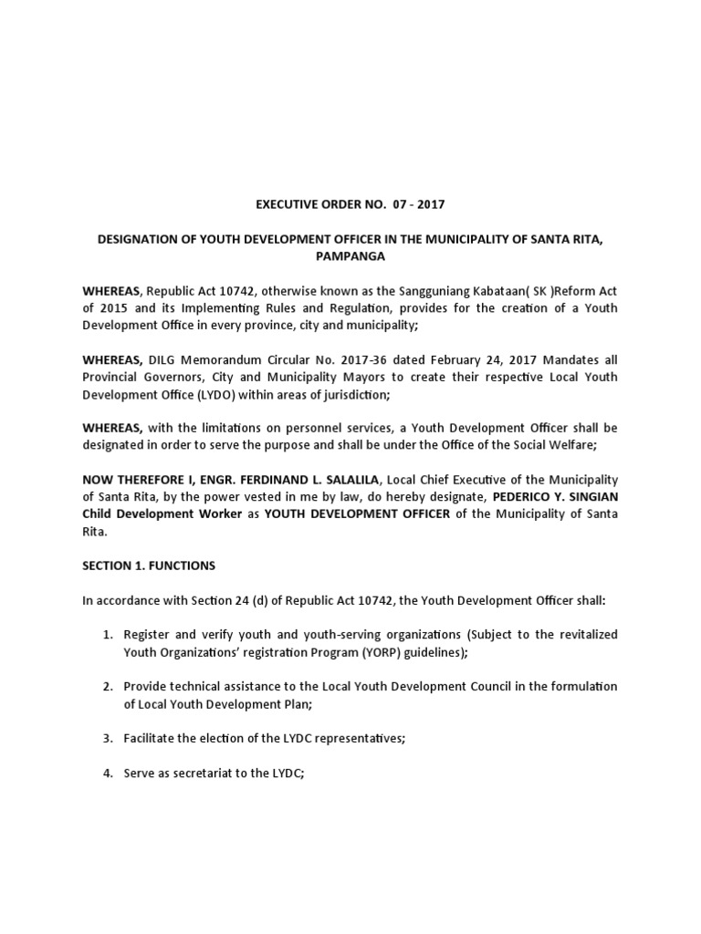 EO. No. 07 - Youth Development Officer | PDF | Social Institutions ...