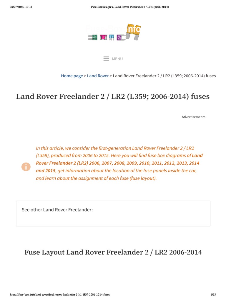 Fuse Box Diagram Land Rover Freelander 2 - LR2 (2006-2014) | PDF | Wheeled Vehicles | Motor ...