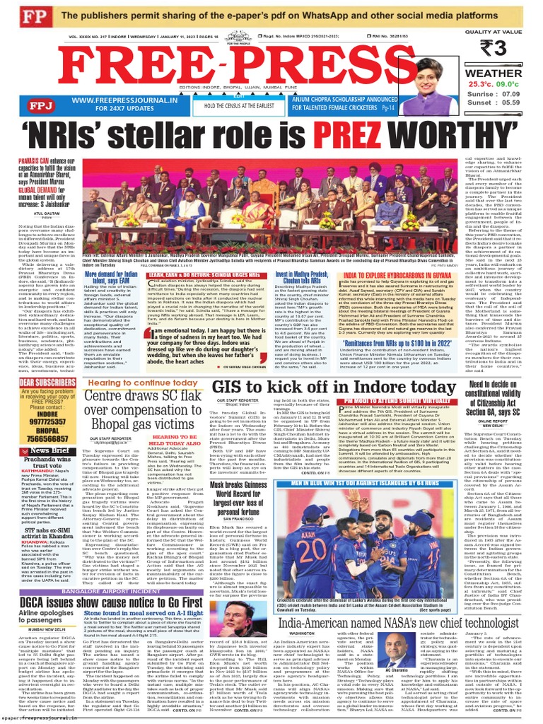 Free Press Indore Epaper Edition 11 Jan 2023 | PDF