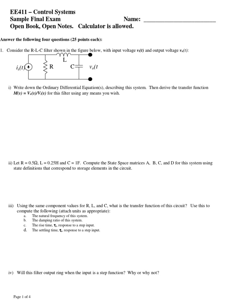 Final Exam - Sample | PDF | Control Theory | Systems Theory