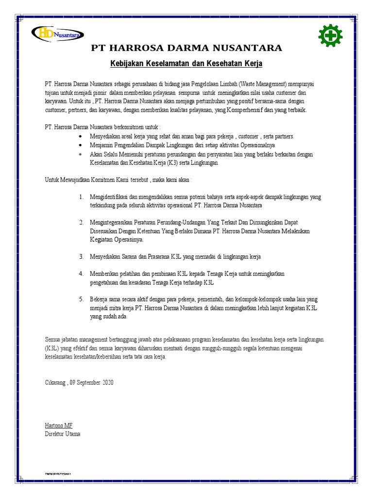 Kebijakan K3 PT HDN | PDF